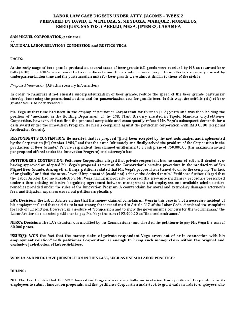 LABOR CASES WEEK 2 Final | PDF | Lawsuit | Employment