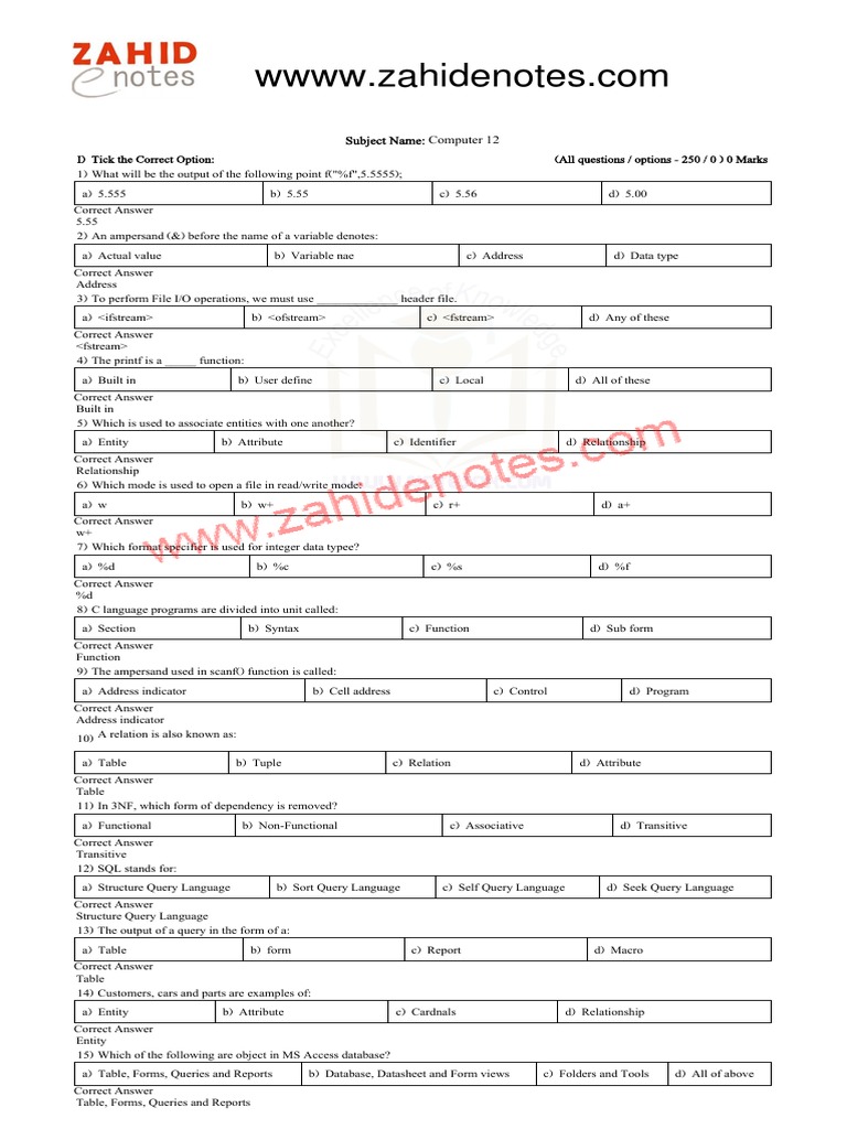 12th Computer Sc. Solved MCQs | PDF | Relational Database | Databases