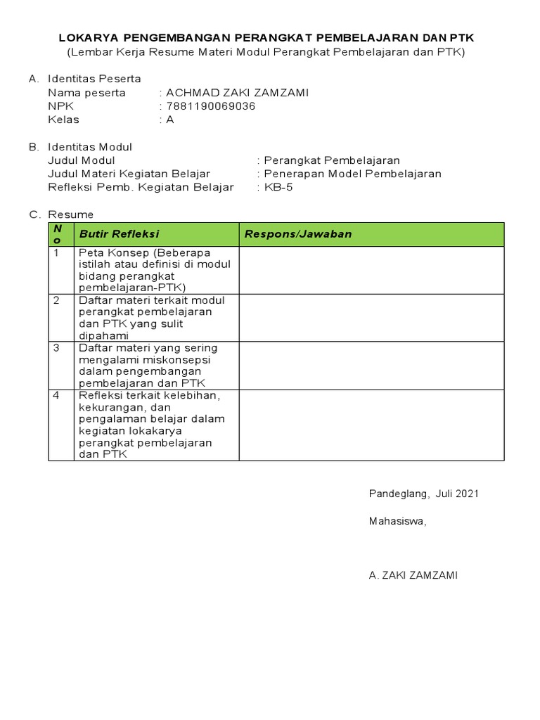 Template Resume Modul Perangkat Pembelajaran | PDF