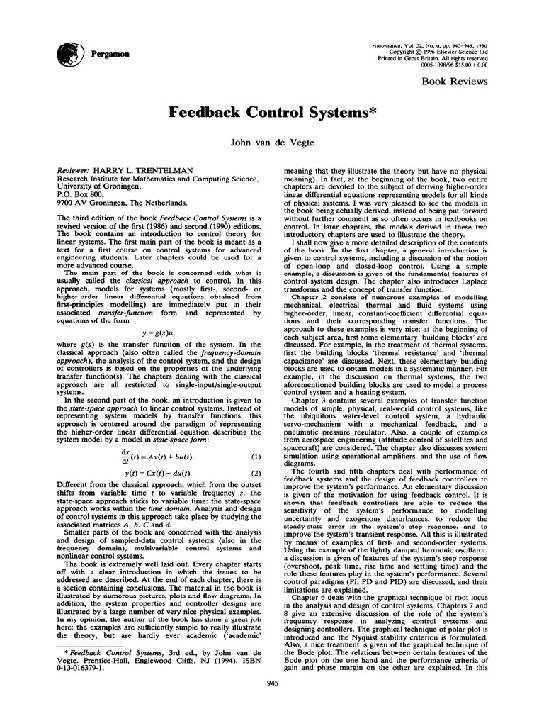 Feedback Control Systems : Book Reviews | PDF | Control Theory ...