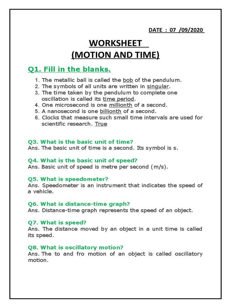 Class 7 Motion and Time Worksheet | PDF