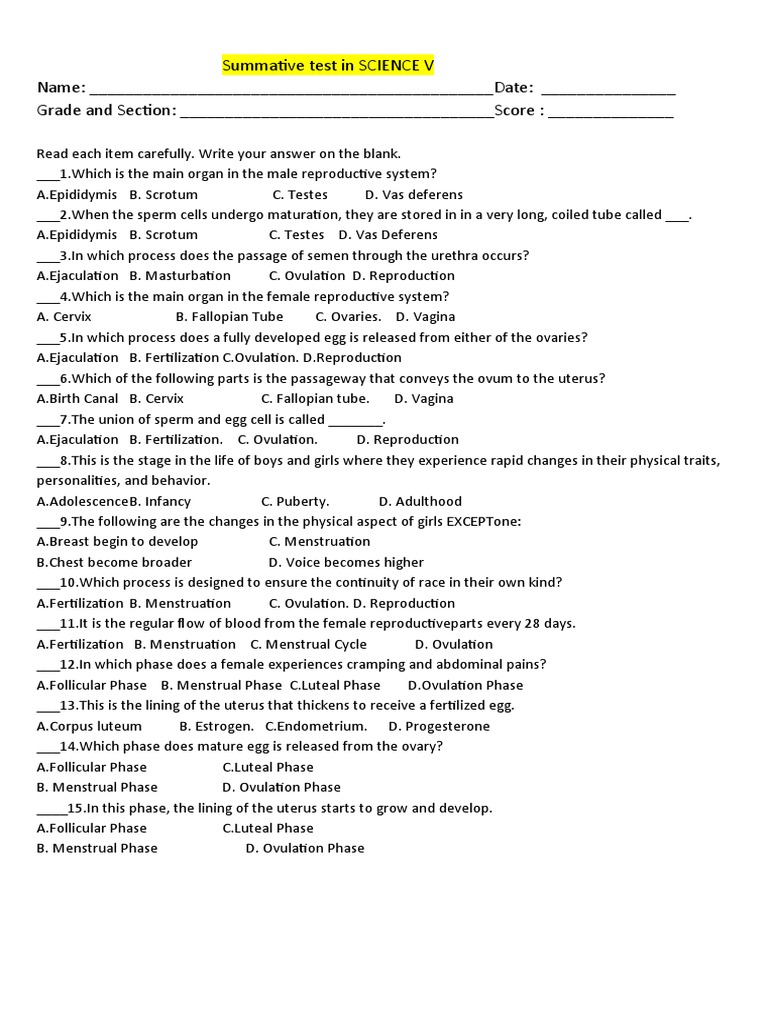 Understanding the Male and Female Reproductive Systems: A Summative ...