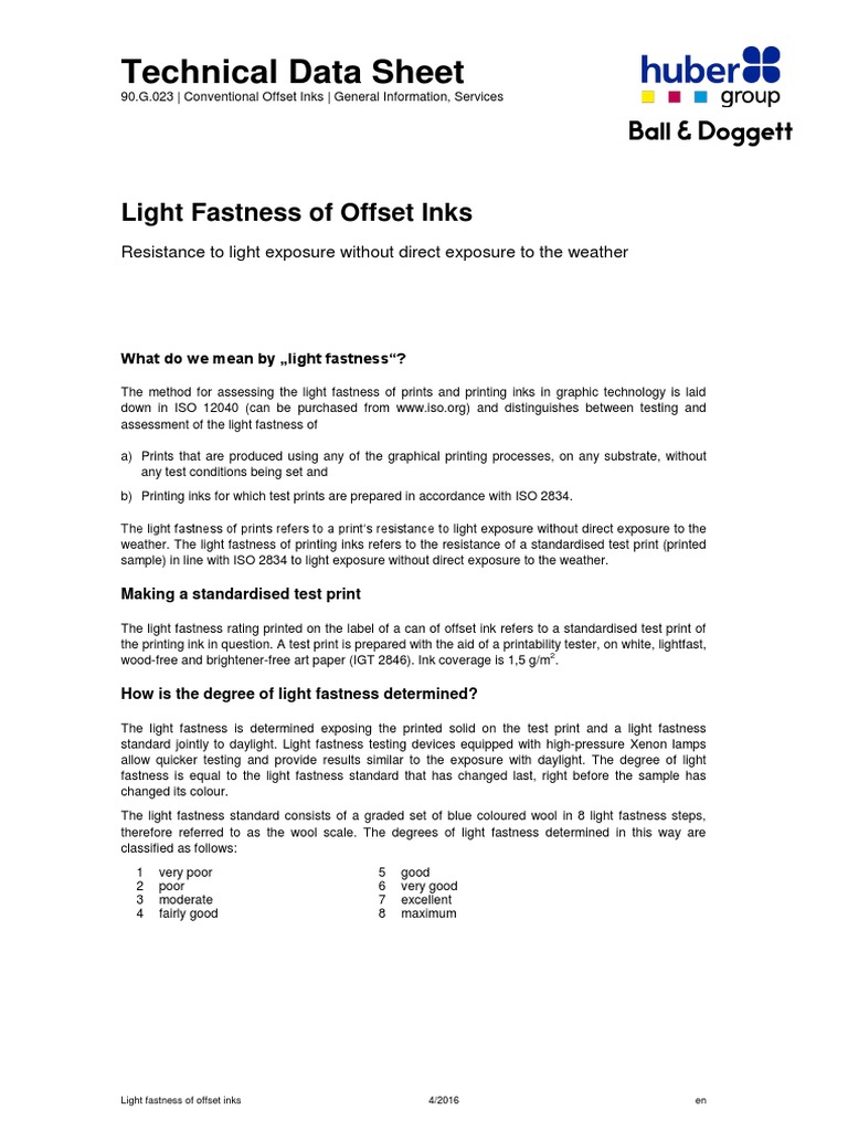 Technical Data Sheet: Light Fastness of Offset Inks | PDF | Pigment ...