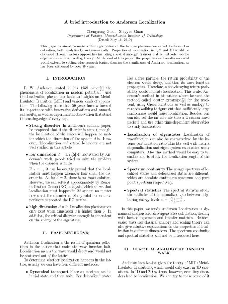 A Brief Introduction To Anderson Localization: I E E He E I | PDF | Matrix (Mathematics ...