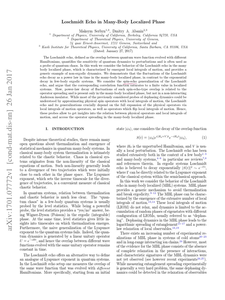 Loschmidt Echo in Many-Body Localized Phase | PDF | Chaos Theory ...