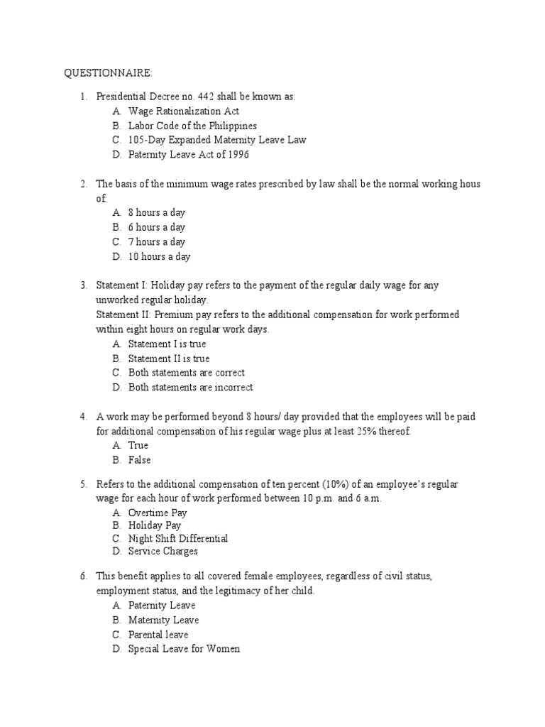 Questionnaire (Labor Law) | PDF | Parental Leave | Employment