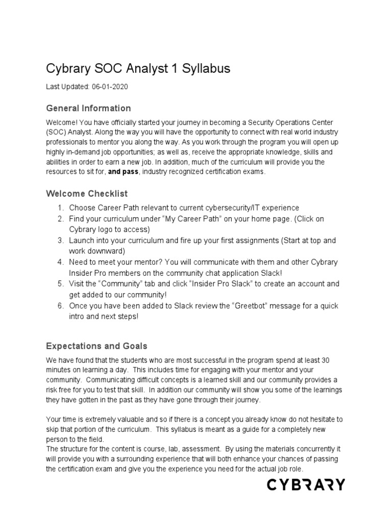 Cybrary SOC Analyst Level 1 Syllabus 1 | PDF | Mentorship | Computer ... Cybrary SOC Analyst Level 1 Syllabus 1 | PDF | Mentorship | Computer ...