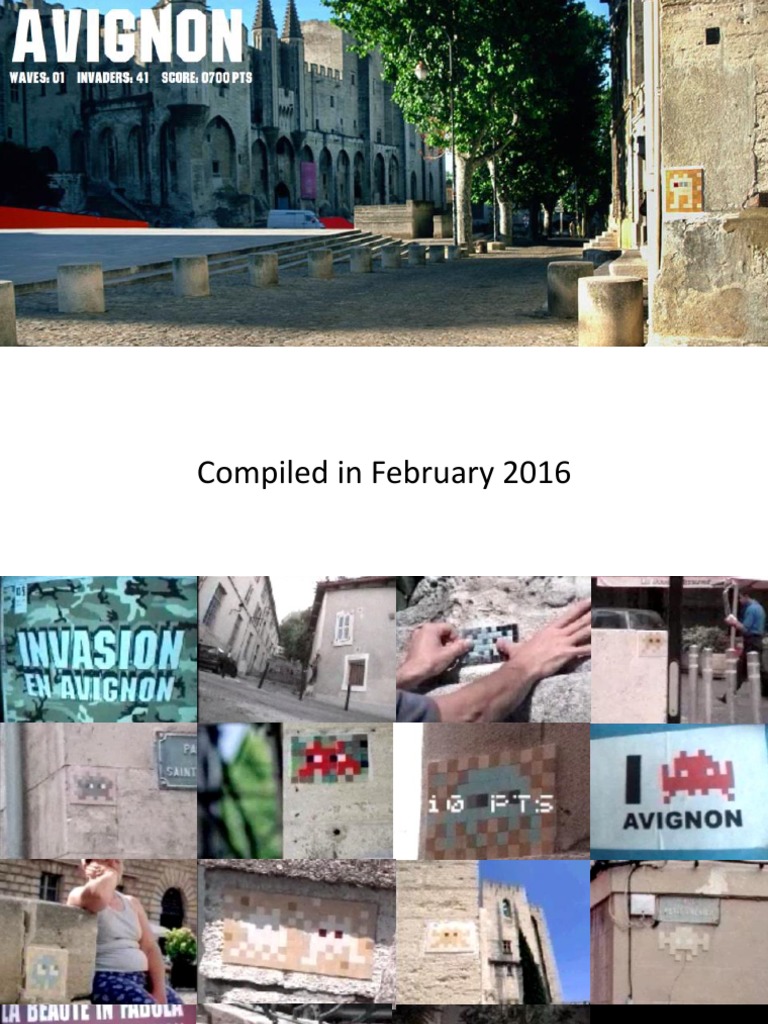 A diagram and list of 41 Space Invader tiles found throughout Avignon ...