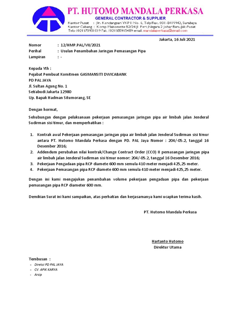 Surat Permohonan Usulan Penambahan Pipa Dia.600 MM | PDF | Teknologi & Rekayasa