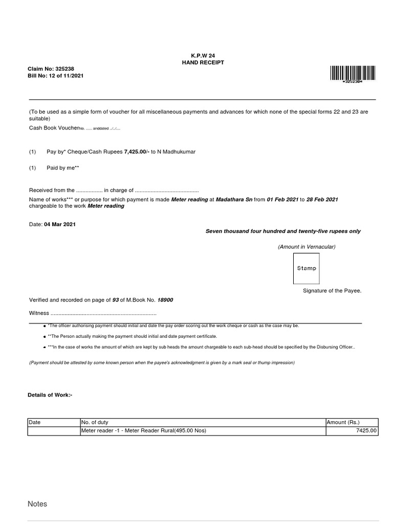 KPW 24 Hand Receipt for Claim 325238 | PDF | Payments | Cheque