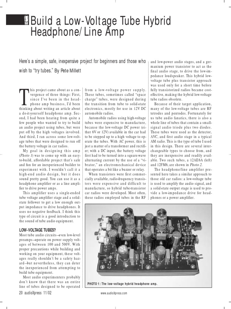 Low-Voltage Tube Hybrid Headphone Amp | PDF | Amplifier | Vacuum Tube