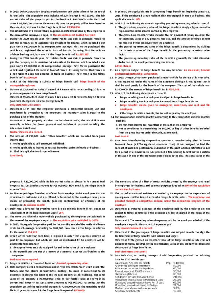 Quizzes Taxation 1 and 2 | PDF | Capital Gains Tax | Employee Benefits