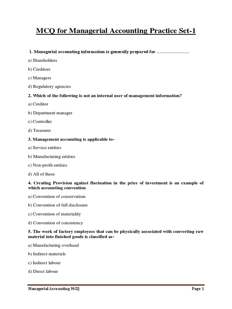 Managerial Accounting MCQ Practice Set | PDF | Debits And Credits ...