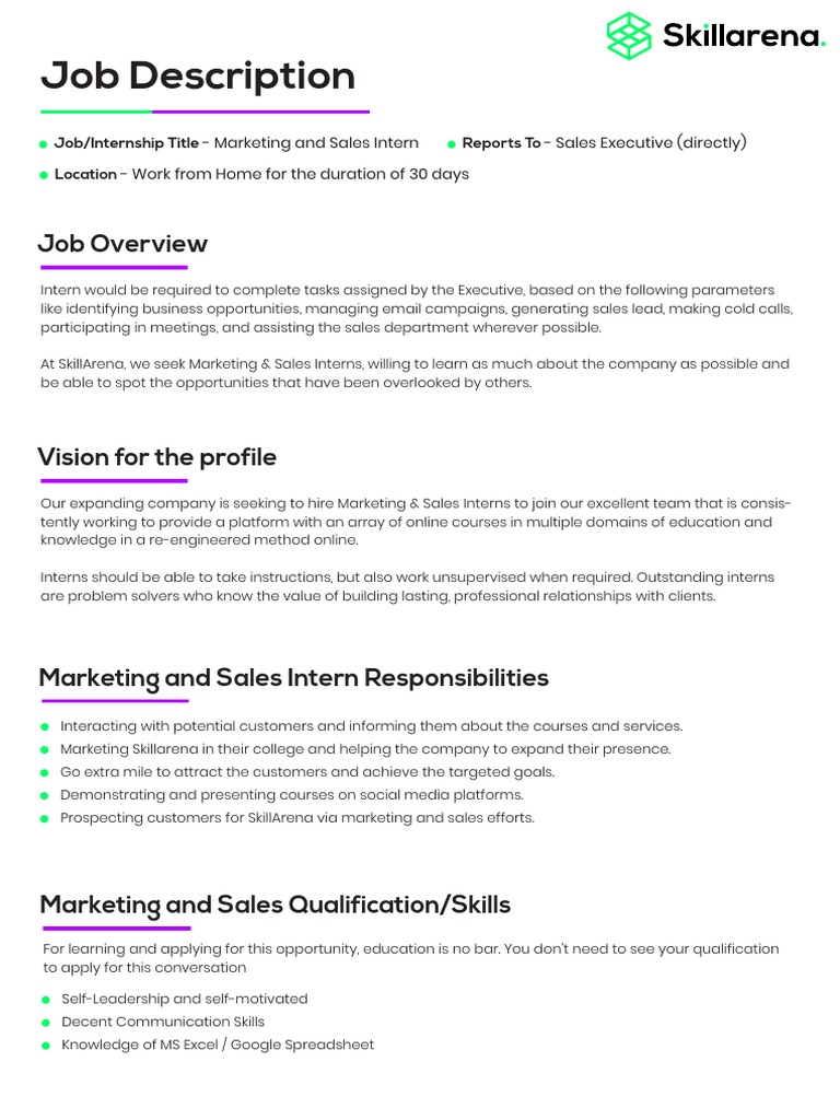 Marketing and Sales Intern-JD | PDF | Sales | Internship
