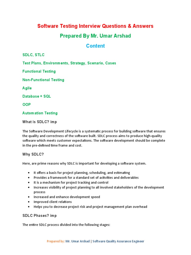 SQA Interview Preparation by Umar Arshad | Download Free PDF | Software ...