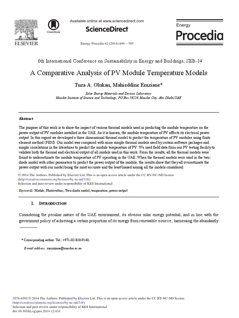 A Comparative Analysis of PV Module Temperature Models: Sciencedirect ...