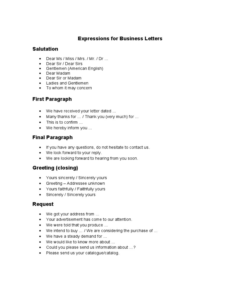 Expressions For Business Letters Salutation | PDF | Invoice