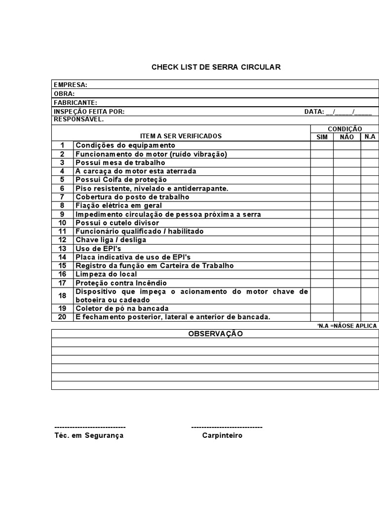 Check List Serra Circular | PDF