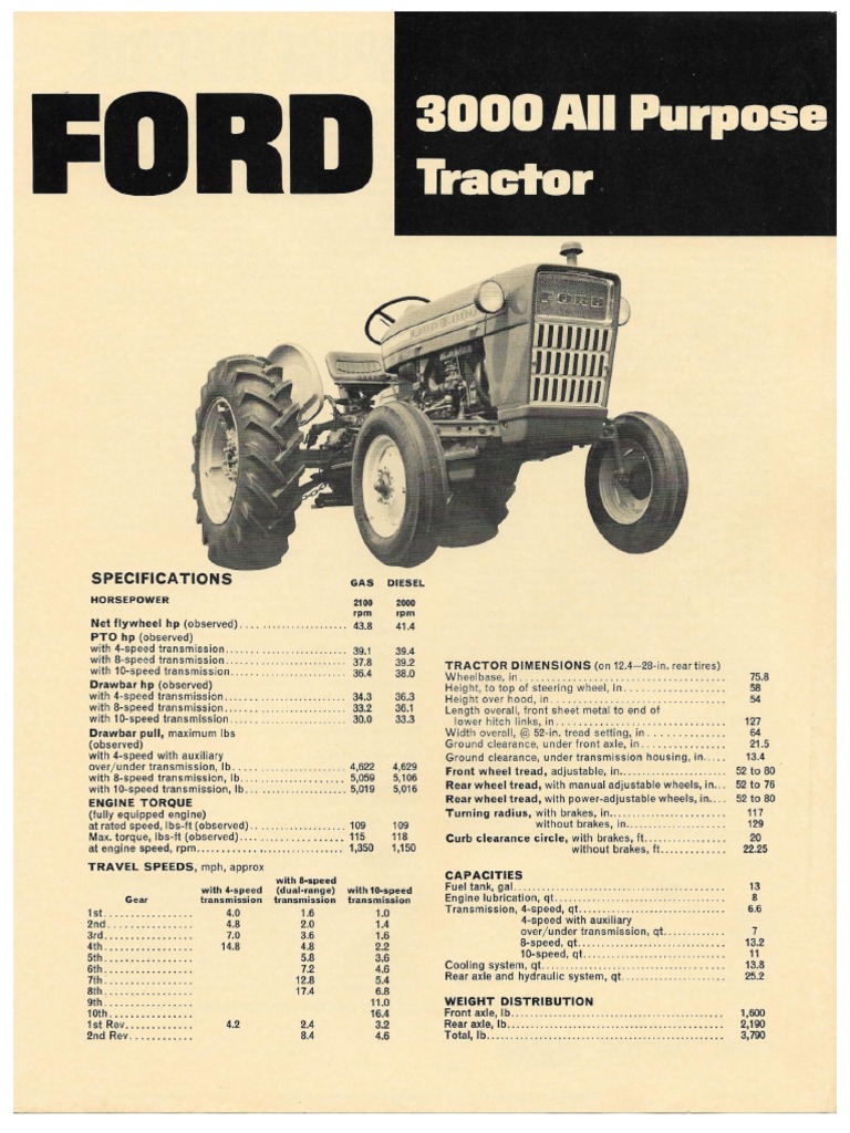 Ford 3000 Series Tractor Data & Spec Sheet | PDF