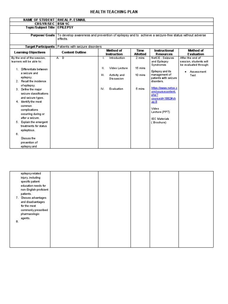 Health Teaching Plan: Effects | Download Free PDF | Epilepsy | Neurology