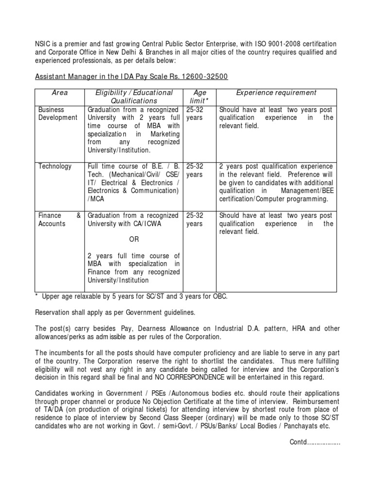 Area Eligibility /educational Qualifications Age Limit Experience ...