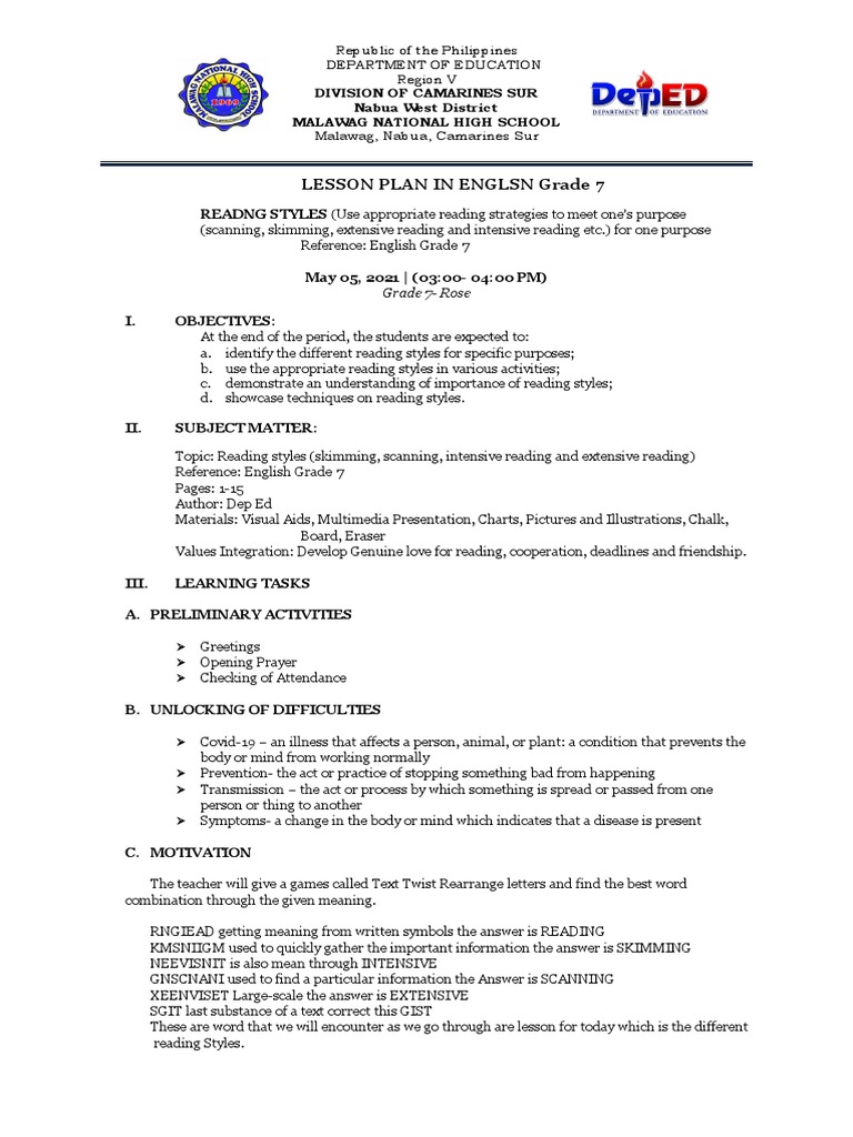 Lesson Plan in Englsn Grade 7 | PDF | Speed Reading | Lesson Plan