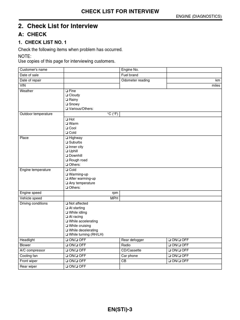 Engine Diagnostics Interview Checklist | PDF | Vehicles | Wheeled Vehicles