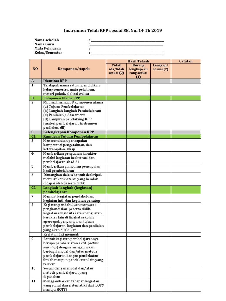 Lembar Telaah RPP Sesuai SE 14-2019 | PDF