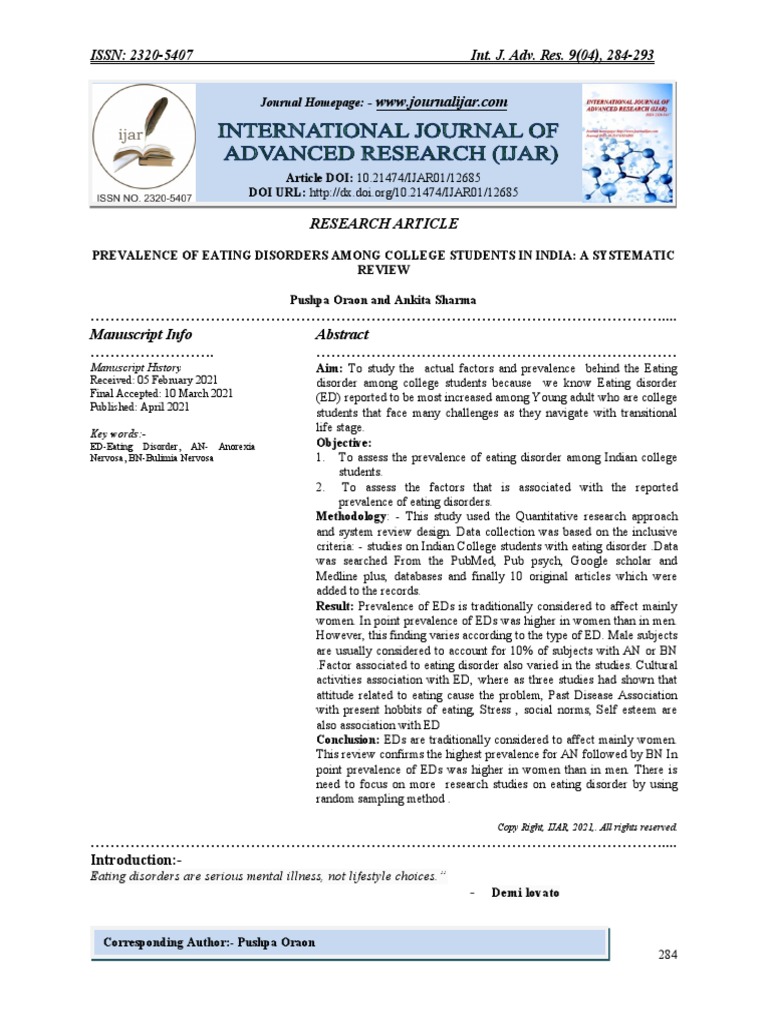 Prevalence Of Eating Disorders Among College Students In India A