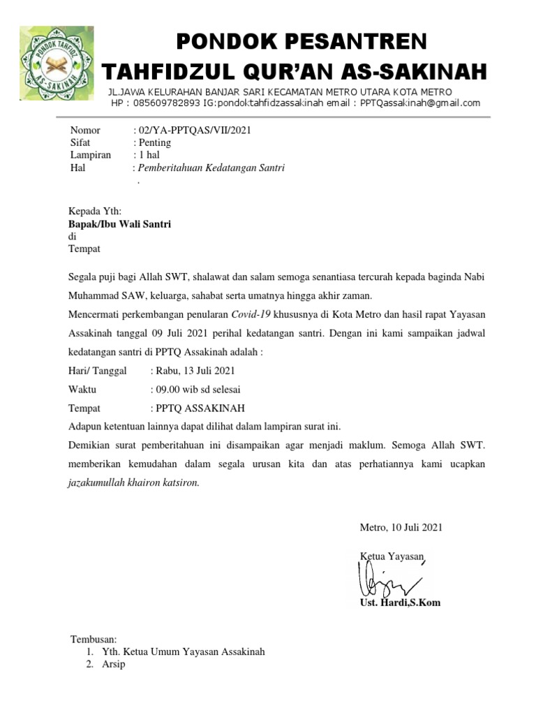 Surat Pemberitahuan Kedatangan Santri Assakinah | PDF
