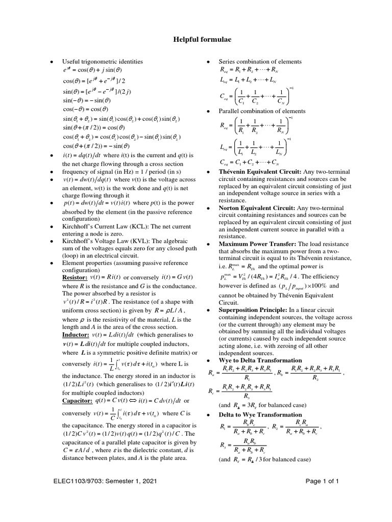 Midterm Exam Formula Sheet ELEC1103 S1 2021 | PDF | Electrical Network ...