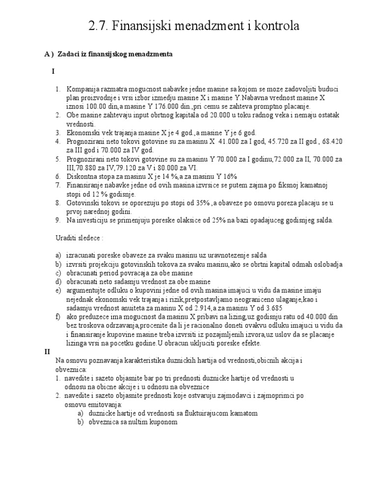 2.7. Finansijski Menadzment I Kontrola: A) Zadaci Iz Finansijskog Menadzmenta I | PDF