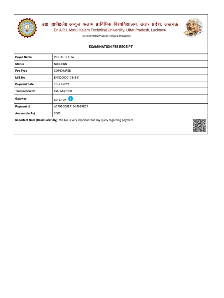 Examination Fee Receipt: Vishal Gupta | PDF