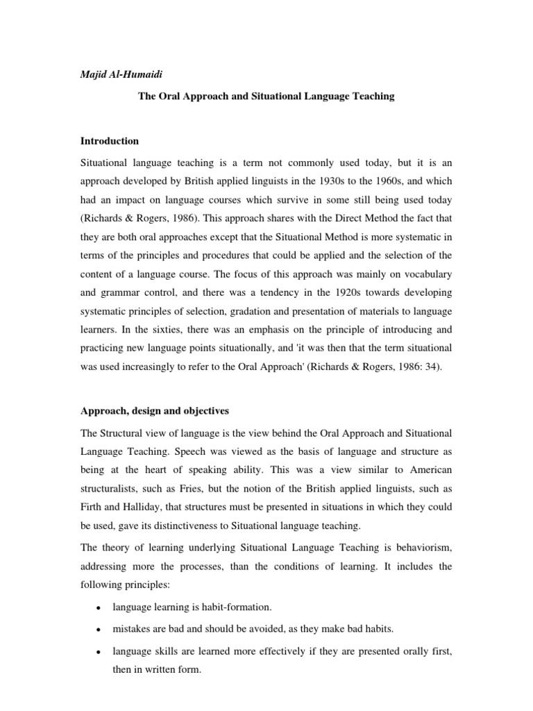 The Oral Approach And Situational Language Teaching Pdf Language
