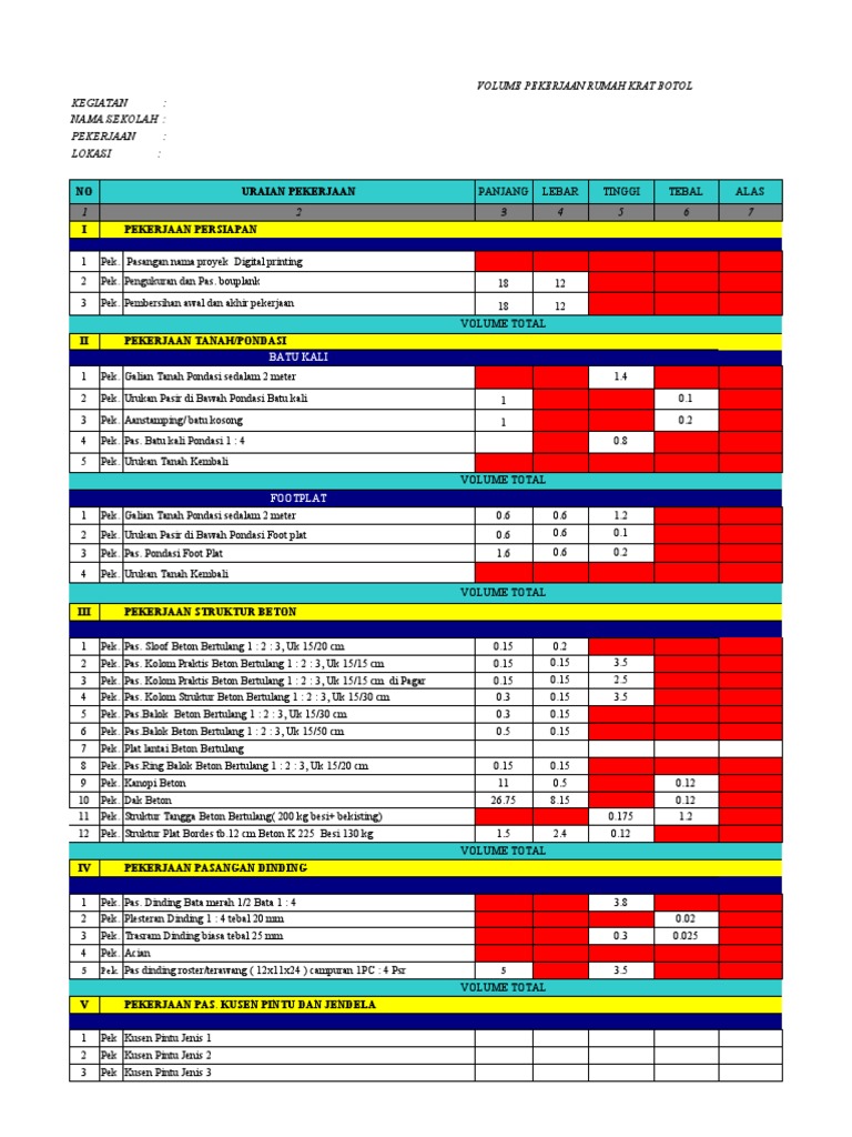 Format Excel Volume Rab Rumah Krat Botol | PDF