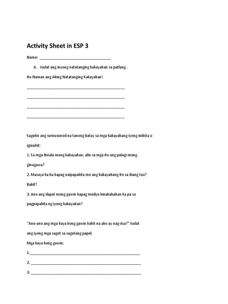 Activity Sheet in ESP 3 | PDF