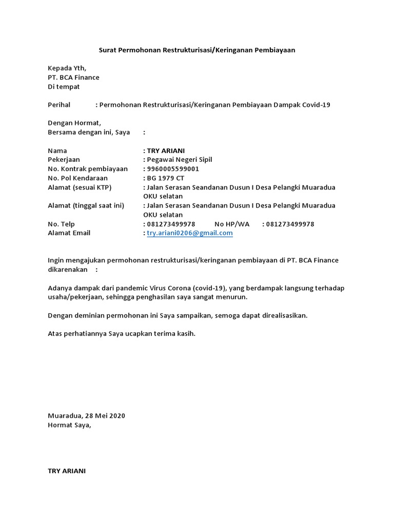 Surat Permohonan Restrukturisasi | PDF