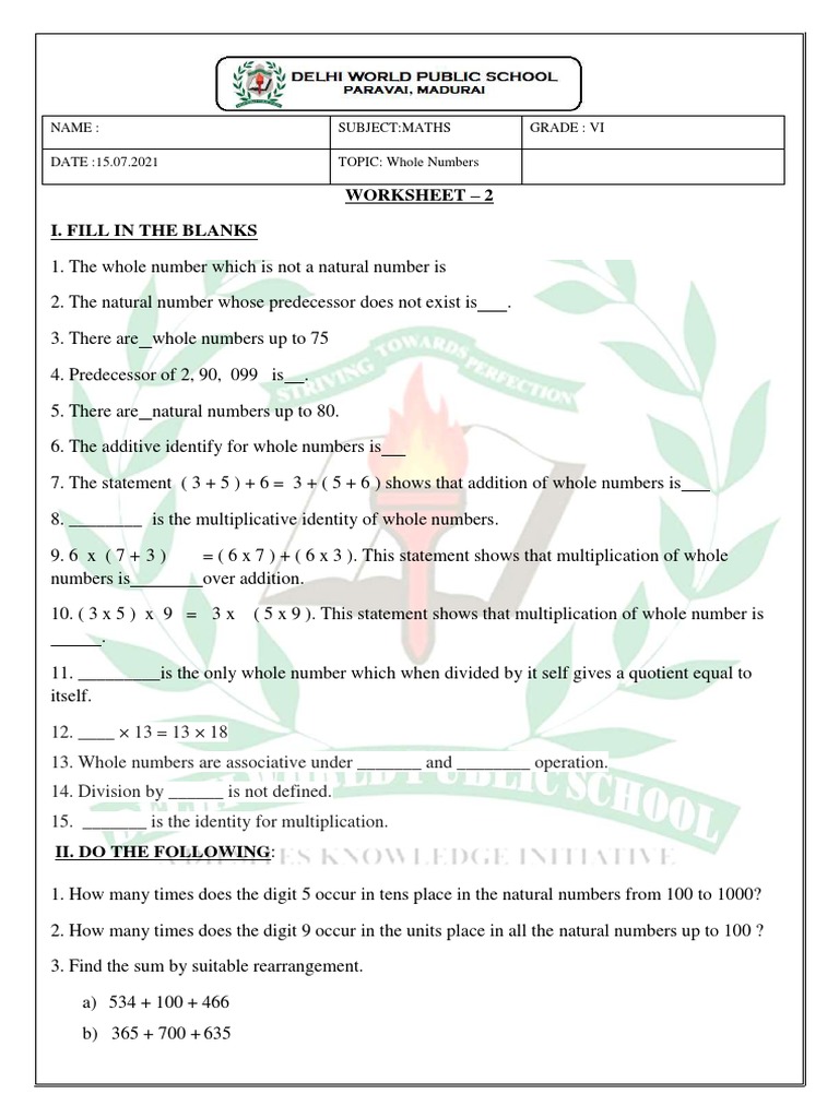 Whole Numbers Worksheet for Grade 6 | PDF | Natural Number | Multiplication