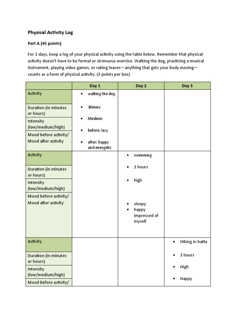 Physical Activity Log Assignment | PDF | Mood (Psychology) | Mental Health