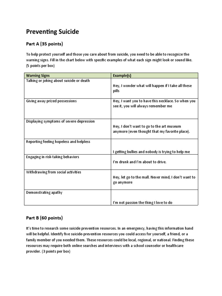 Preventing Suicide Assignment | PDF | Suicide | Health Care