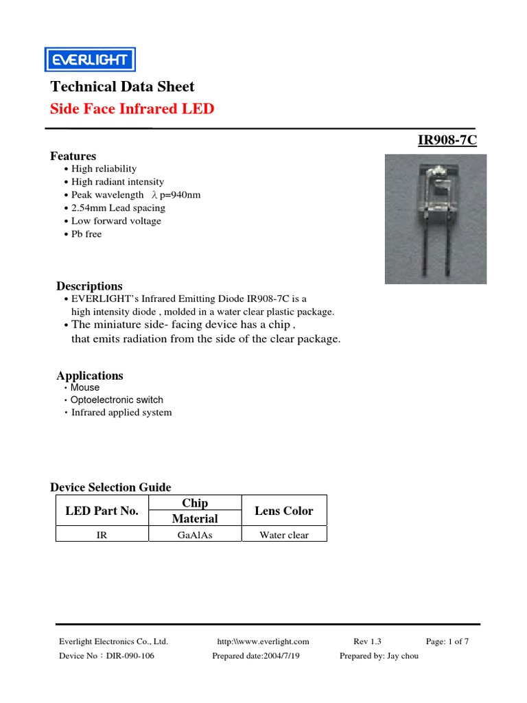 Side Face Infrared LED: Technical Data Sheet | PDF | Infrared | Diode