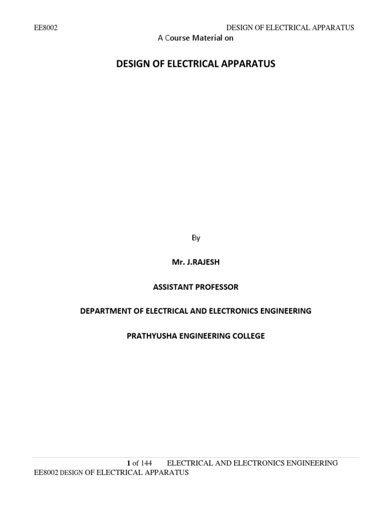 Design of Electrical Apparatus: A Course Material On | PDF ...