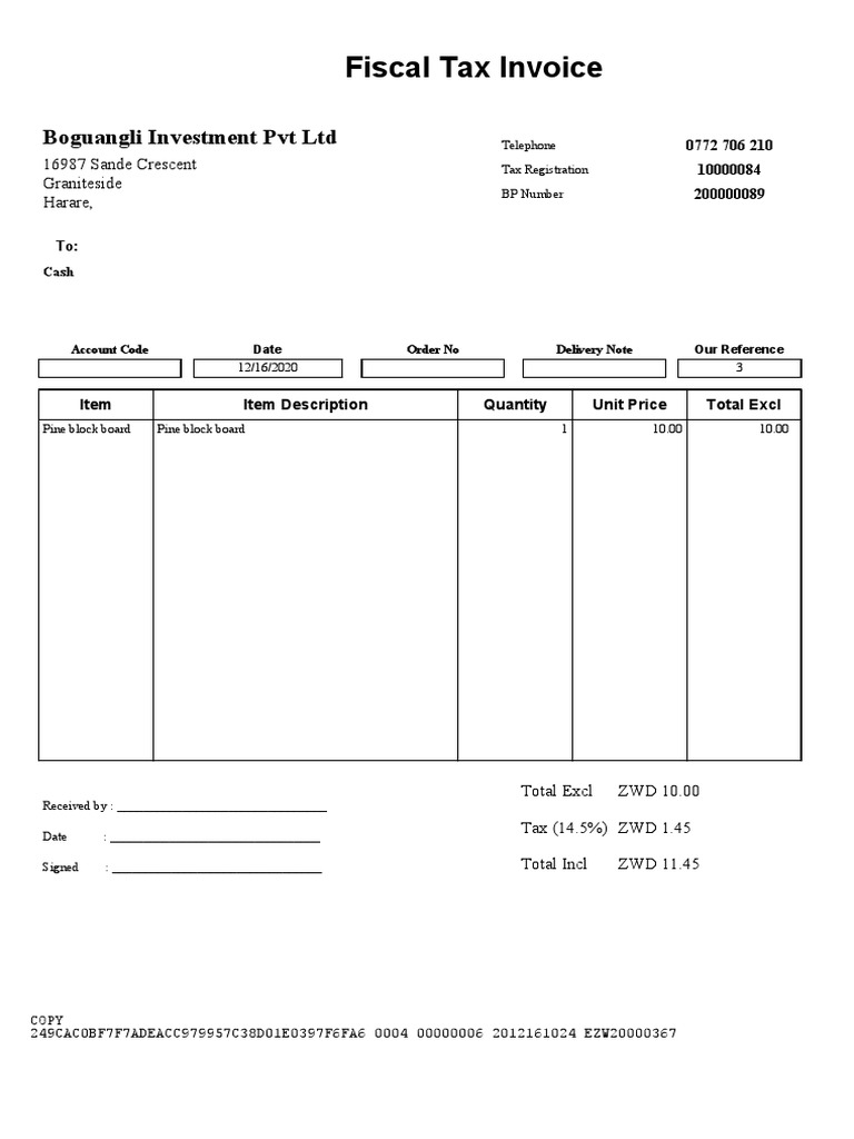 Fiscal Tax Invoice: Boguangli Investment PVT LTD | PDF