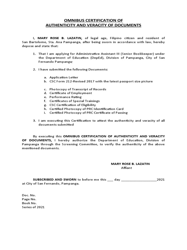 Omnibus Certification of Authenticity and Veracity of Documents | PDF