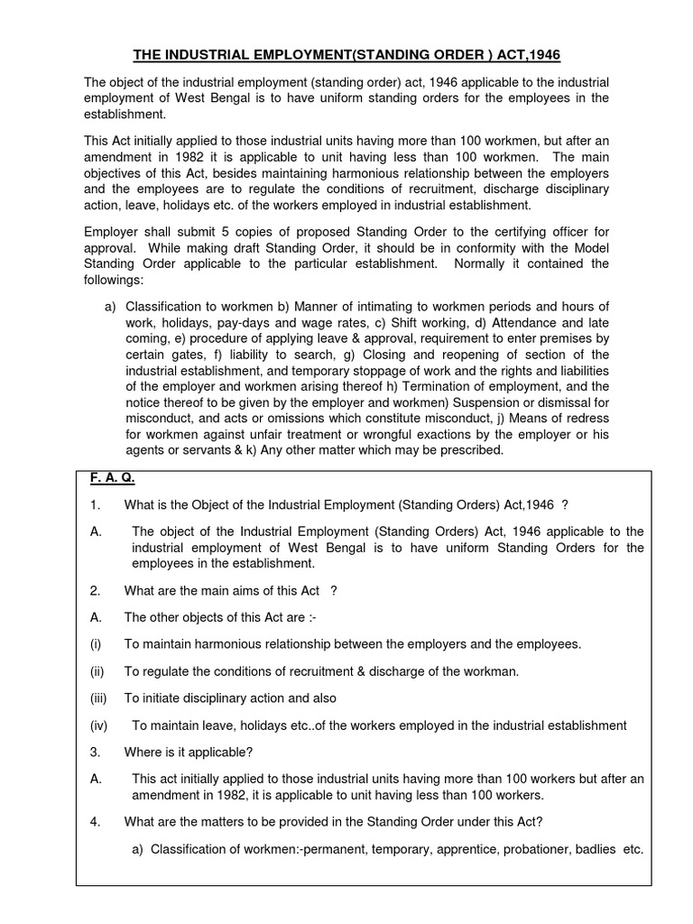 The Industrial Employment (Standing Order) Act, 1946 | Download Free ...