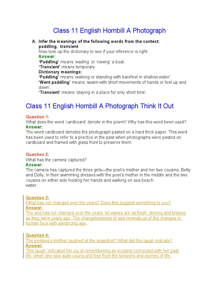 Class 11 English Hornbill A Photograph: Answer | PDF | Laughter