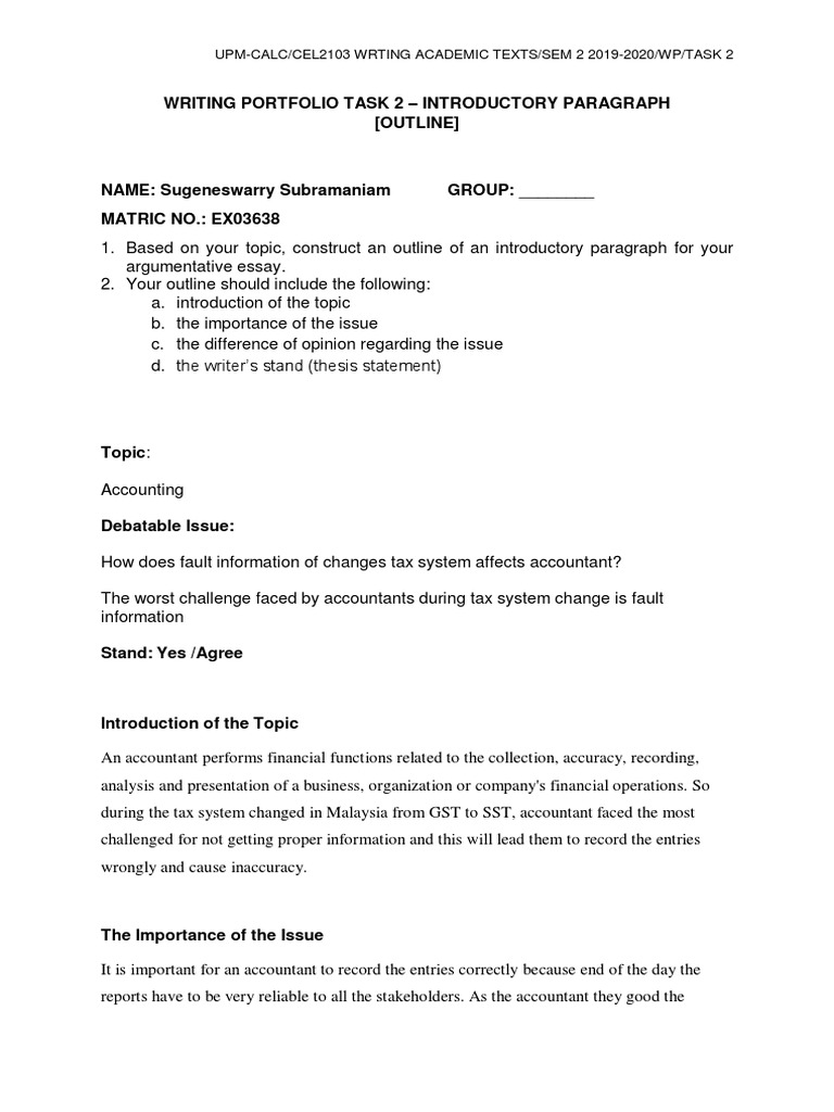 Writing Portfolio Task 2 - Introductory Paragraph (Outline) | PDF ...