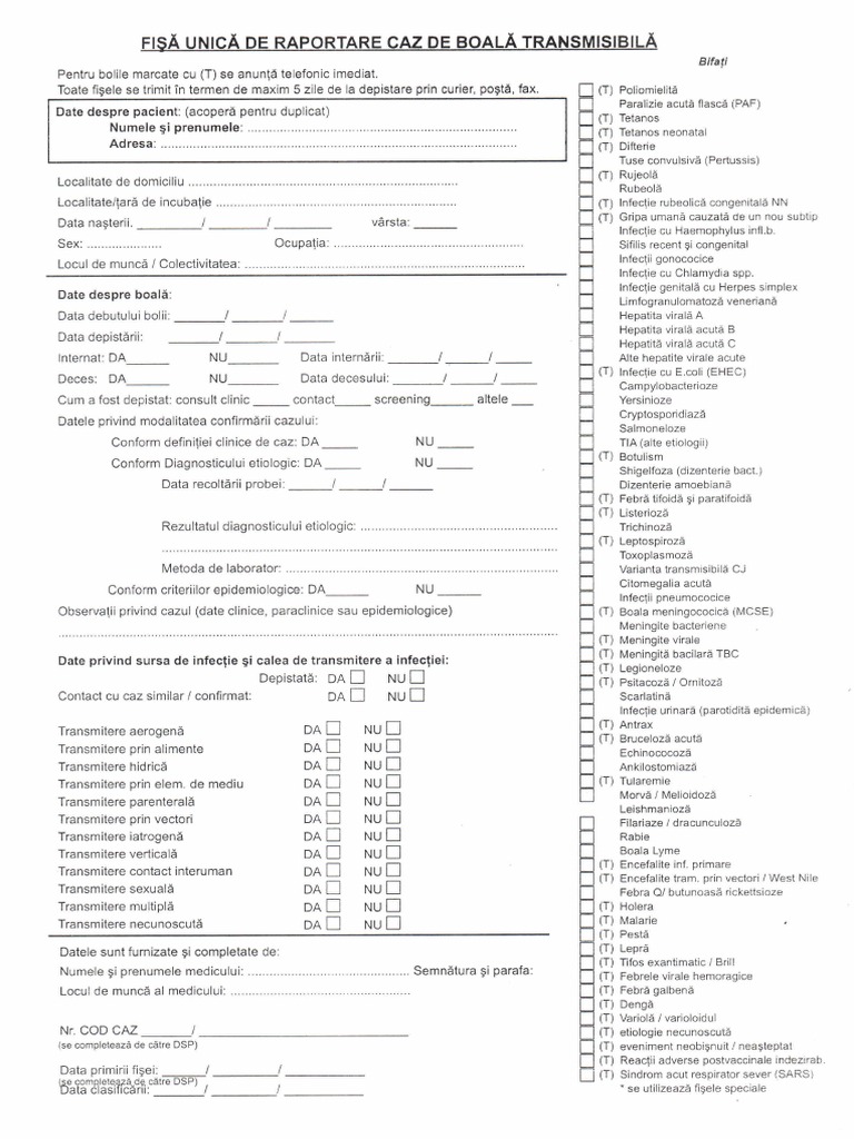 Fisa Unica de Raportare Caz de Boala Transmisibila | PDF