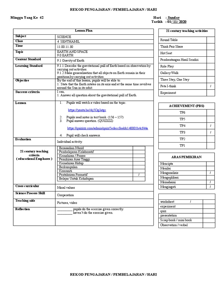 RPH - Science Year 4 - PDPR Nov - Dec | PDF | Rotation | Lesson Plan