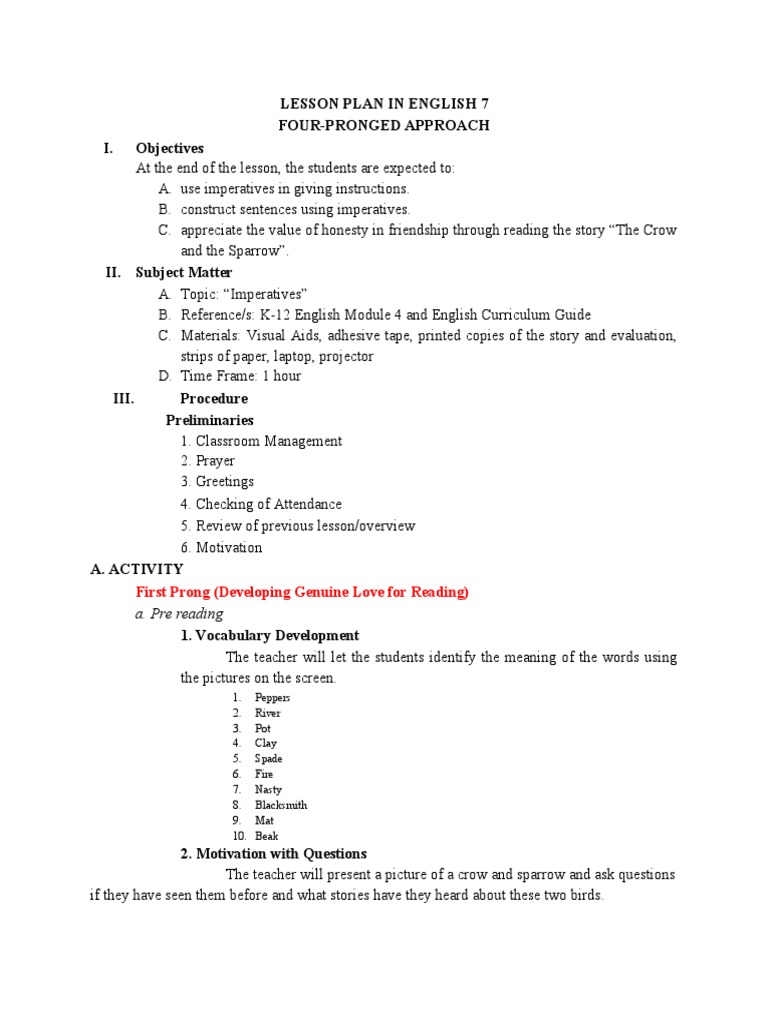 Lesson Plan in English 7 - Four-Pronged Approach | PDF | Question ...